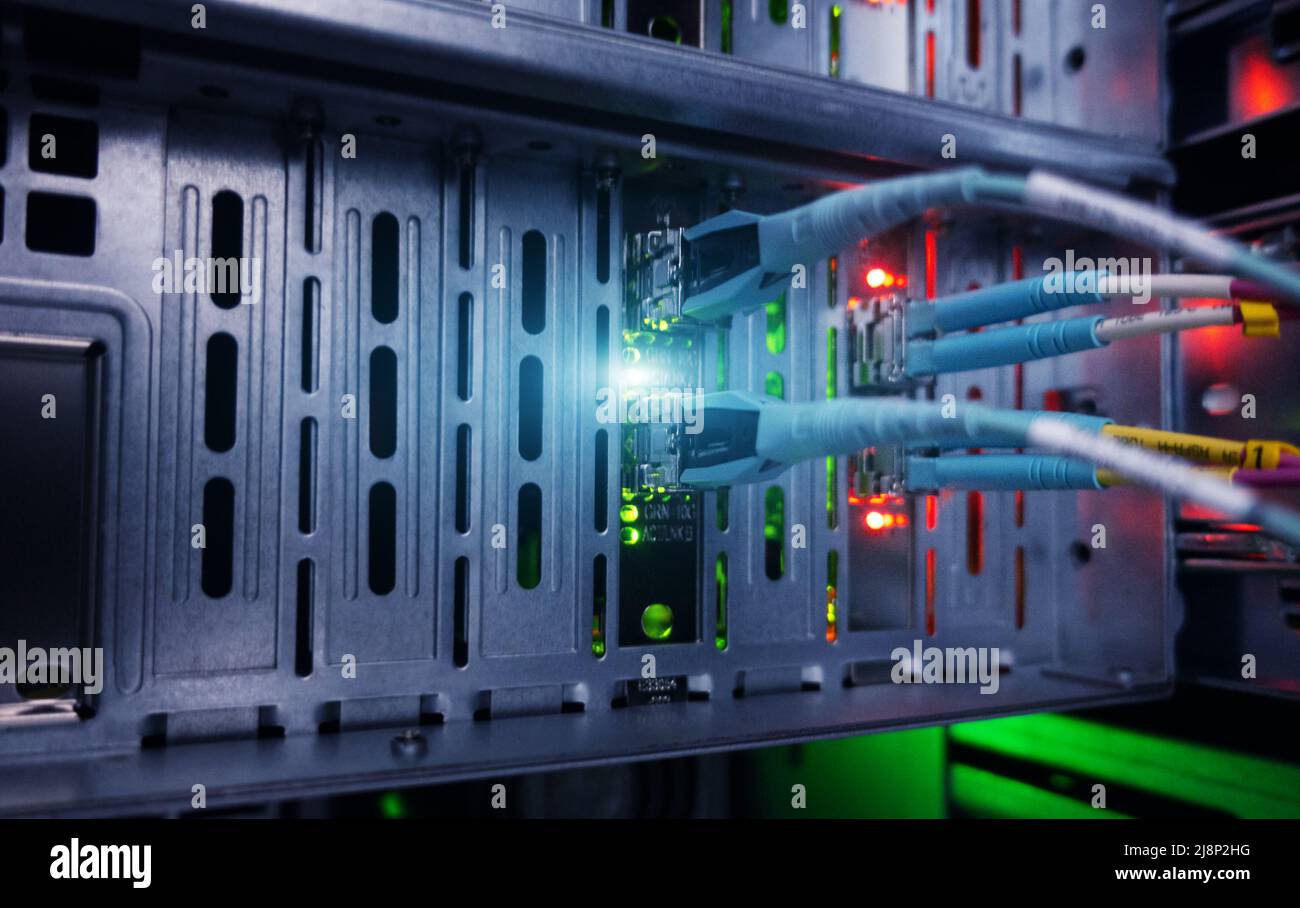 Multicolor Telecommunication Internet Network Server Rack. Close-up ...