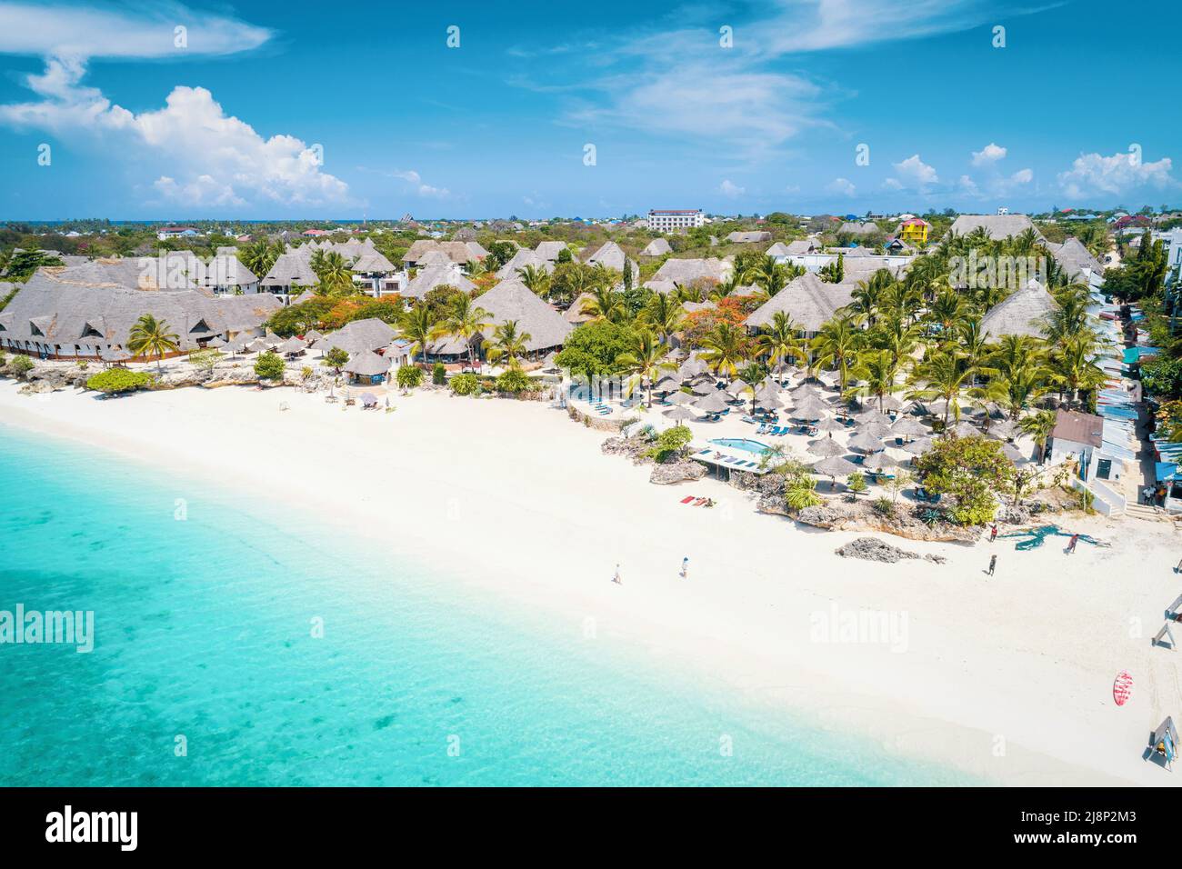 Aerial view of Nungwi beach in Zanzibar, Tanzania with luxury resort ...