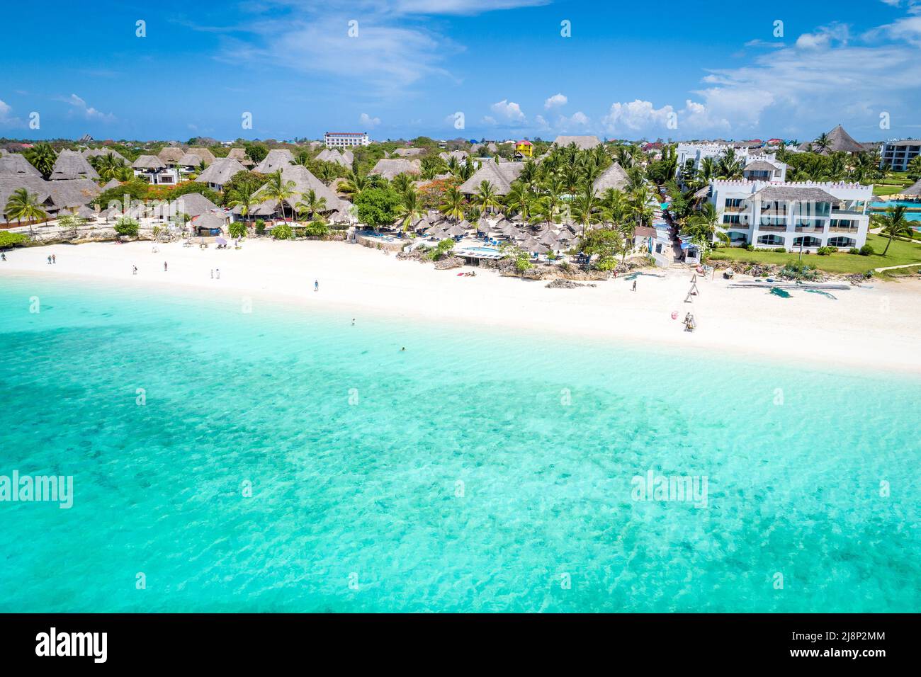 Aerial view of Nungwi beach in Zanzibar, Tanzania with luxury resort ...