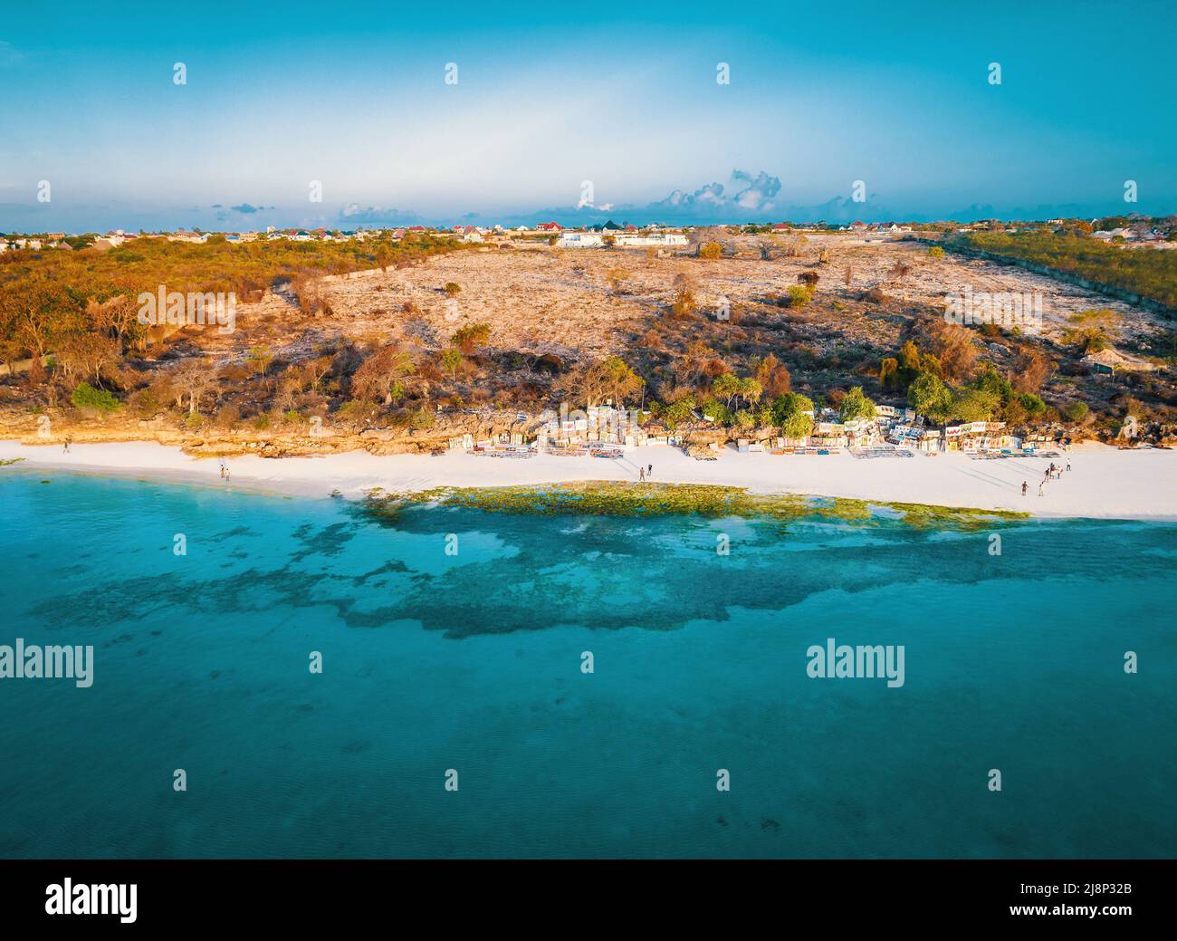 Aerial view of Kendwa beach in Zanzibar, Tanzania with luxury resort ...
