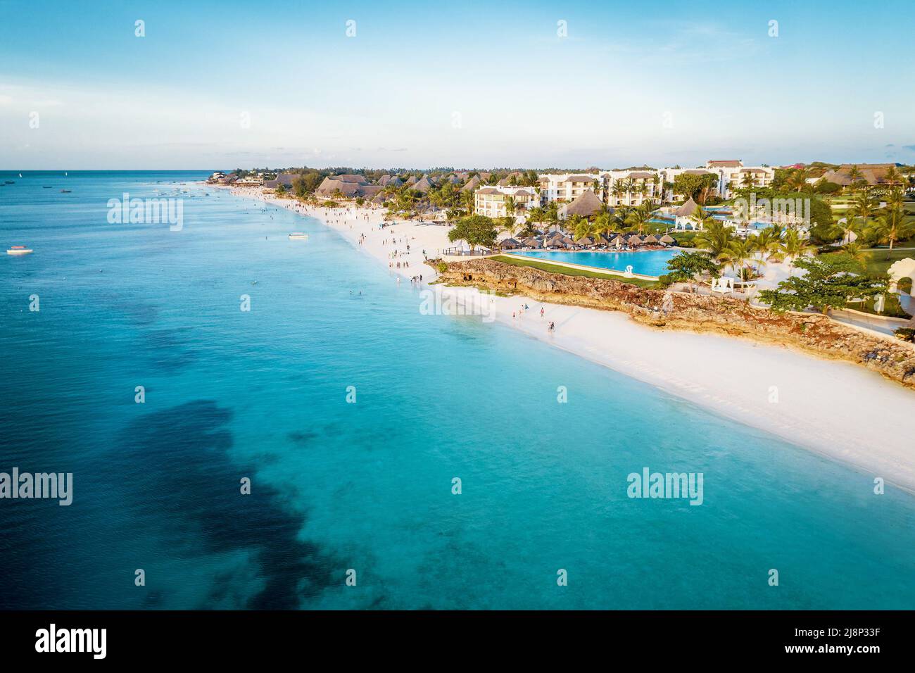 Aerial view of Nungwi beach in Zanzibar, Tanzania with luxury resort ...