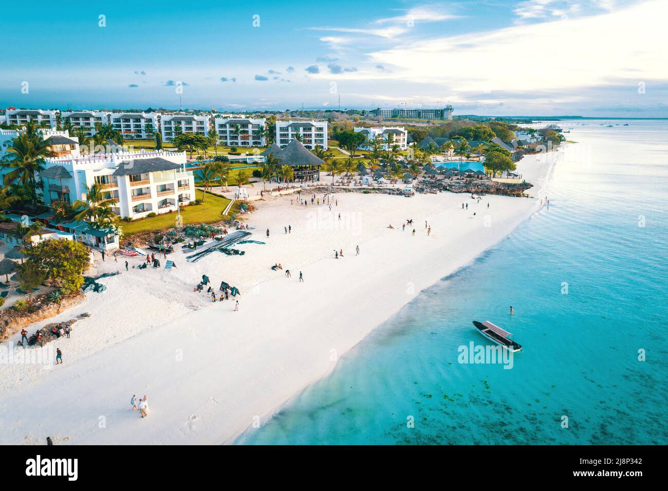 Aerial view of Nungwi beach in Zanzibar, Tanzania with luxury resort ...