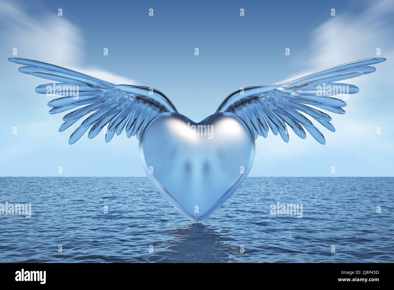 glass wings with shape heart over the ocean. 3d rendering Stock Photo ...