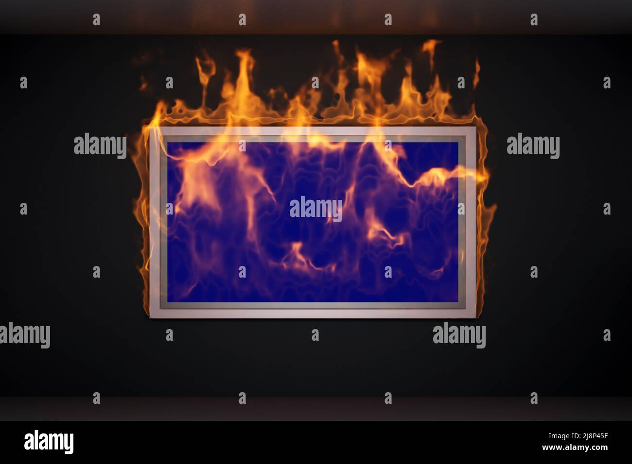 burning blue screen tv on black wall. 3d rendering Stock Photo - Alamy