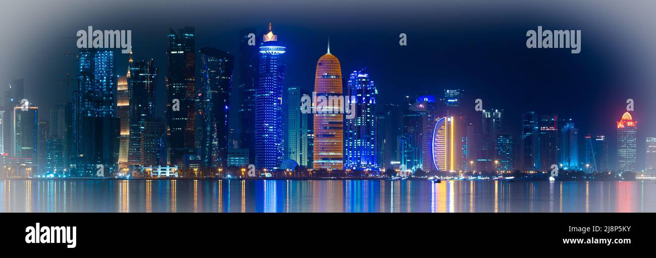 Doha, Qatar- May 5,2022 : Doha skyline with many towers during the ...