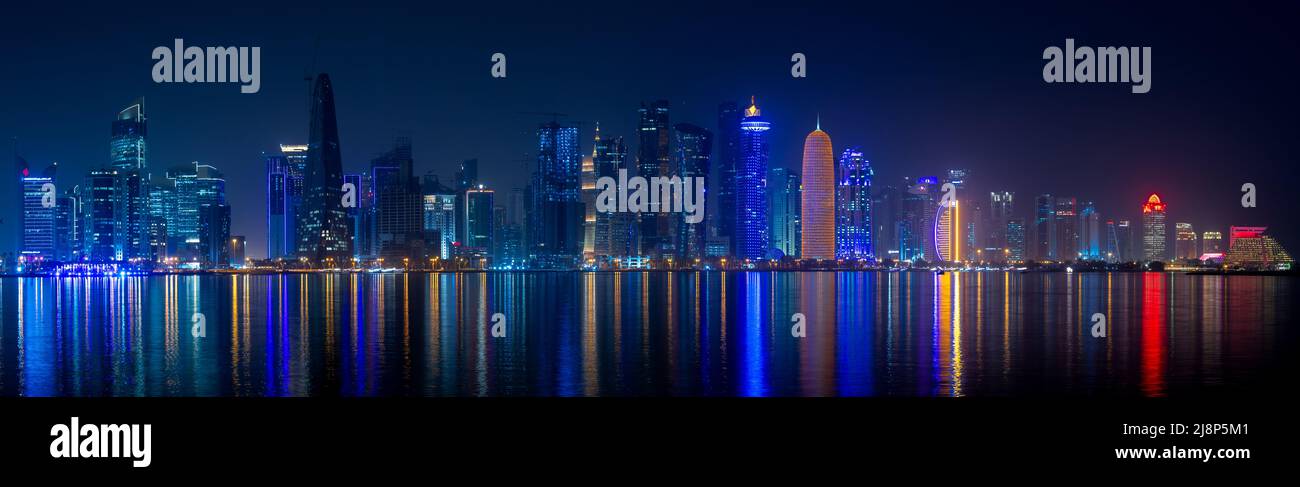 Doha, Qatar- May 5,2022 : Doha skyline with many towers during the ...