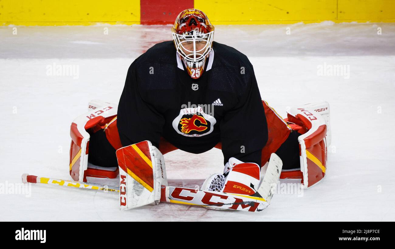 Calgary Flames goalie Jacob Markstrom stretches during team practice in ...