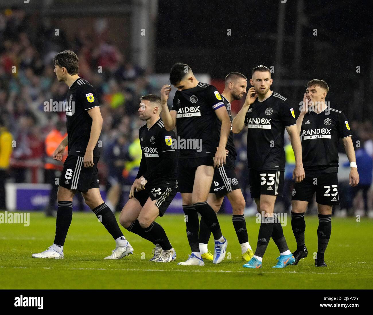 Nottingham, UK. 17th May, 2022. Sheffield United's players look on ...