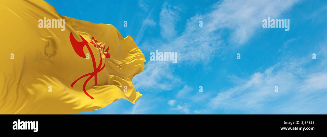 official flag of Sor-Trondelag , Norway at cloudy sky background on ...