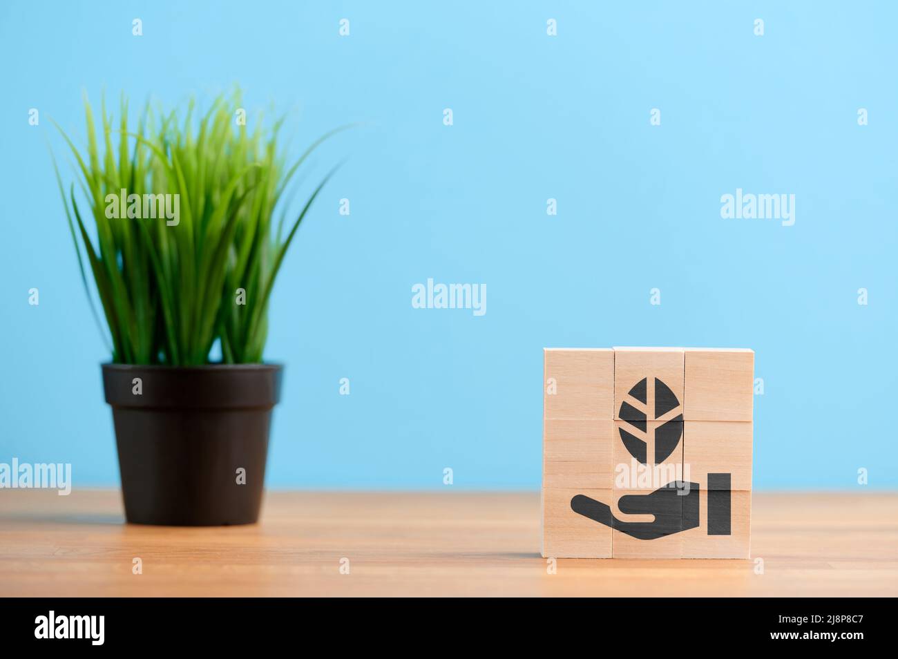 Ecology concept, wooden blocks with icon of save eco caring ecology ...