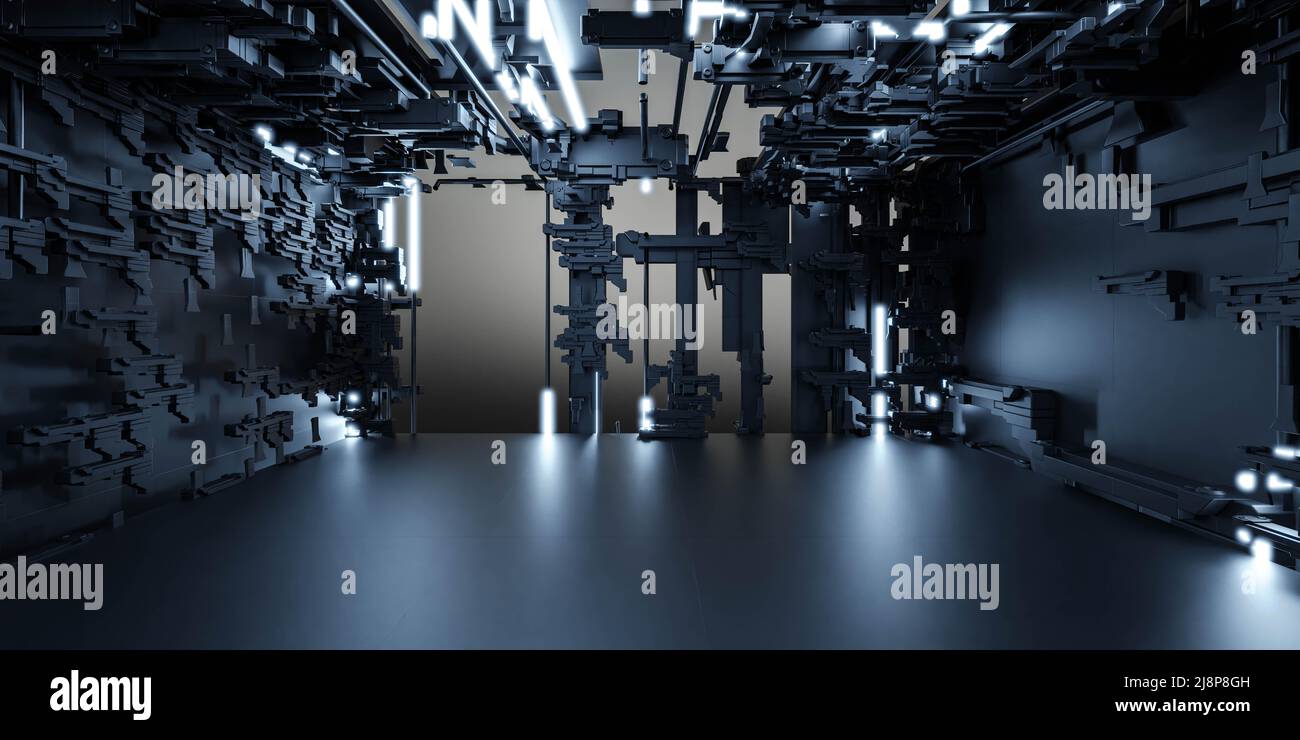 dark modern futuristic technology wasteland building interior 3d render ...