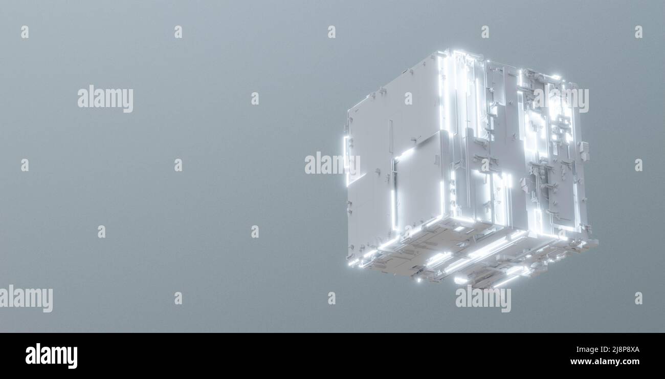 flying white bright laser light cube geometric shape surface 3d render ...