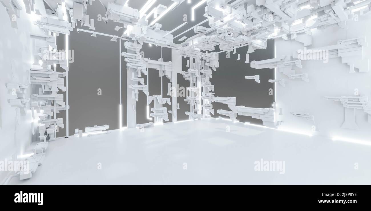 bright white modern futuristic technology wasteland building interior ...