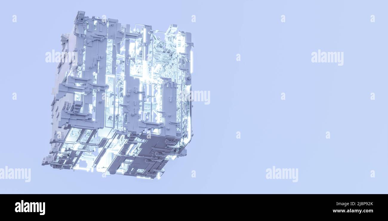 flying white bright laser light cube geometric shape surface. 3d render ...