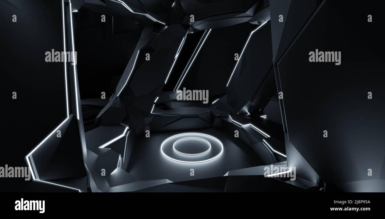 futuristic laboratory hall space station floor with product ...