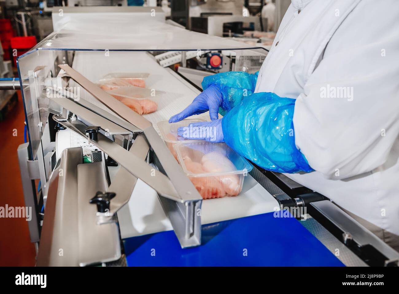 Production process, packaging on the conveyor line of meat in boxes ...