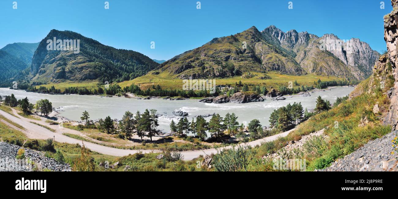 Panorama of the majestic Altai mountains and the mighty Katun River ...
