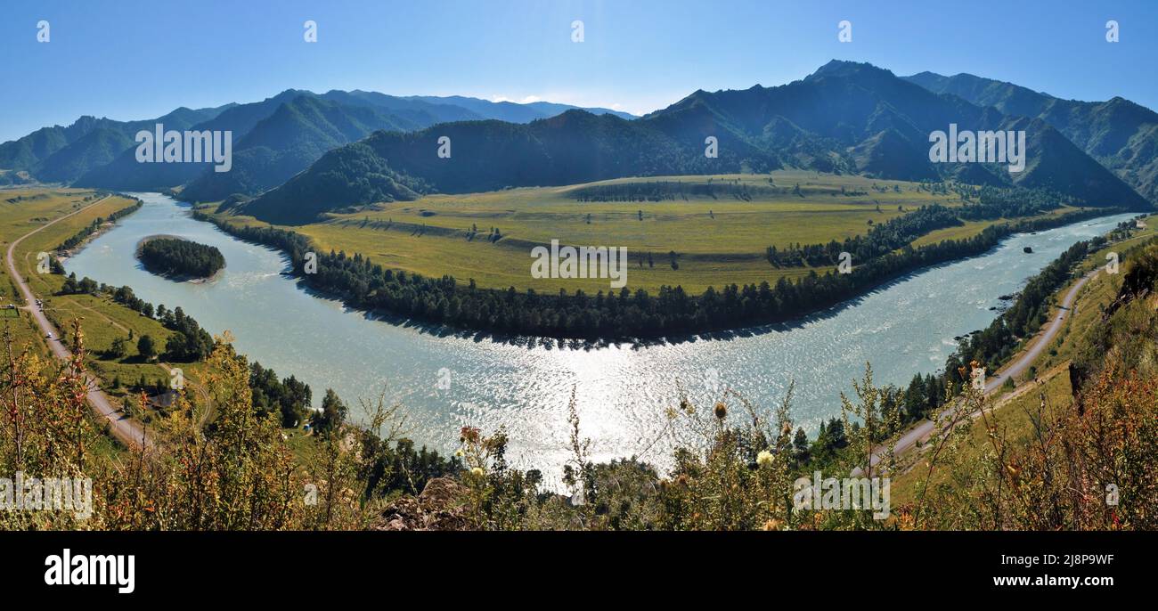 Panorama of the Altai mountains and the Katun River from a height Stock ...