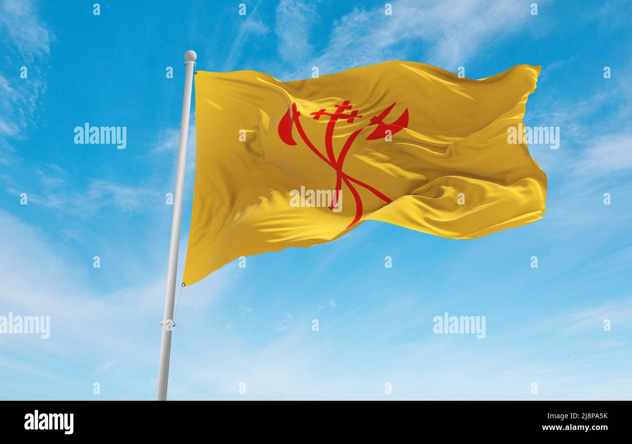 official flag of Sor-Trondelag , Norway at cloudy sky background on ...