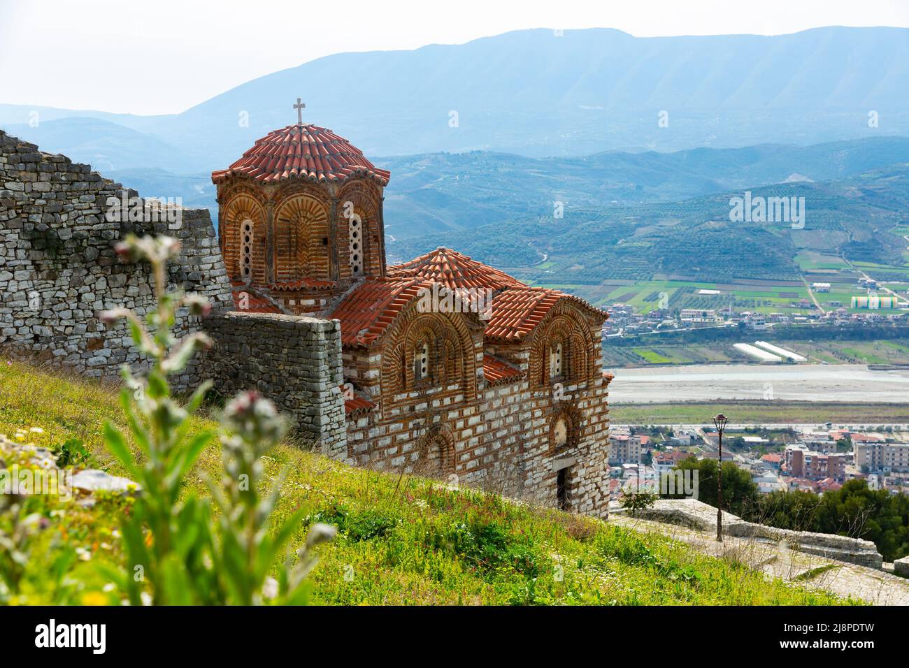 Medieval Holy Trinity Church on hill in Berat city in spring Stock ...