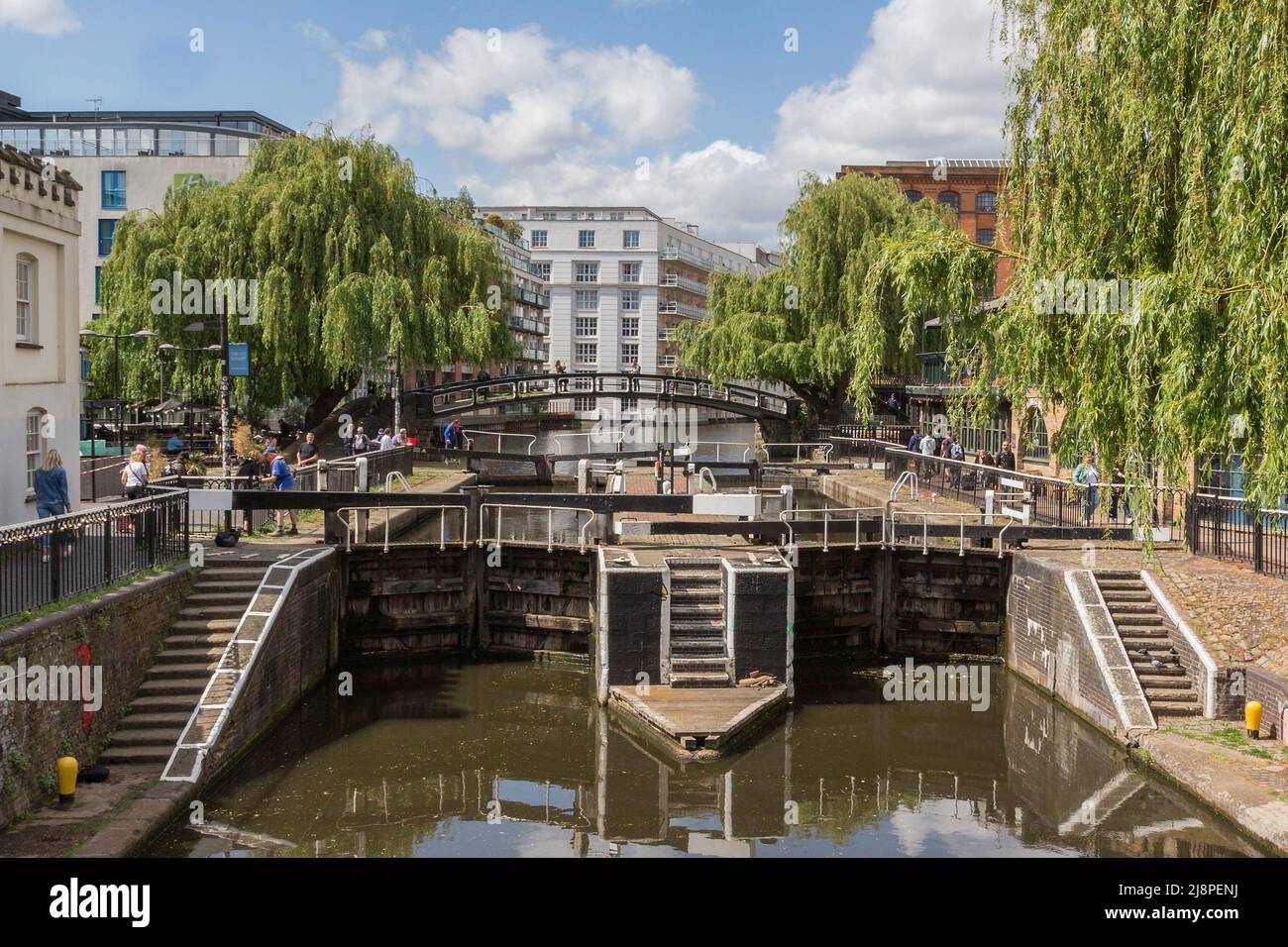 Hamstead Road lock, a double lock situated in Camden, London, UK. A ...