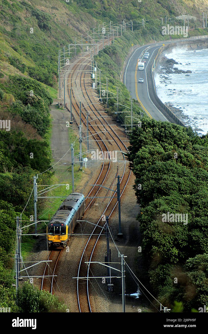 Paekakariki escarpment, Kapiti coastal rail line and highway Stock ...