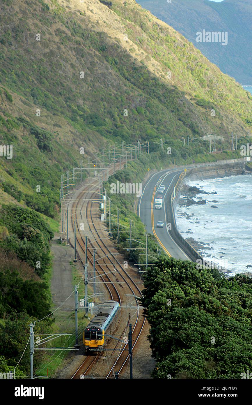 Paekakariki escarpment, Kapiti coastal rail line and highway Stock ...