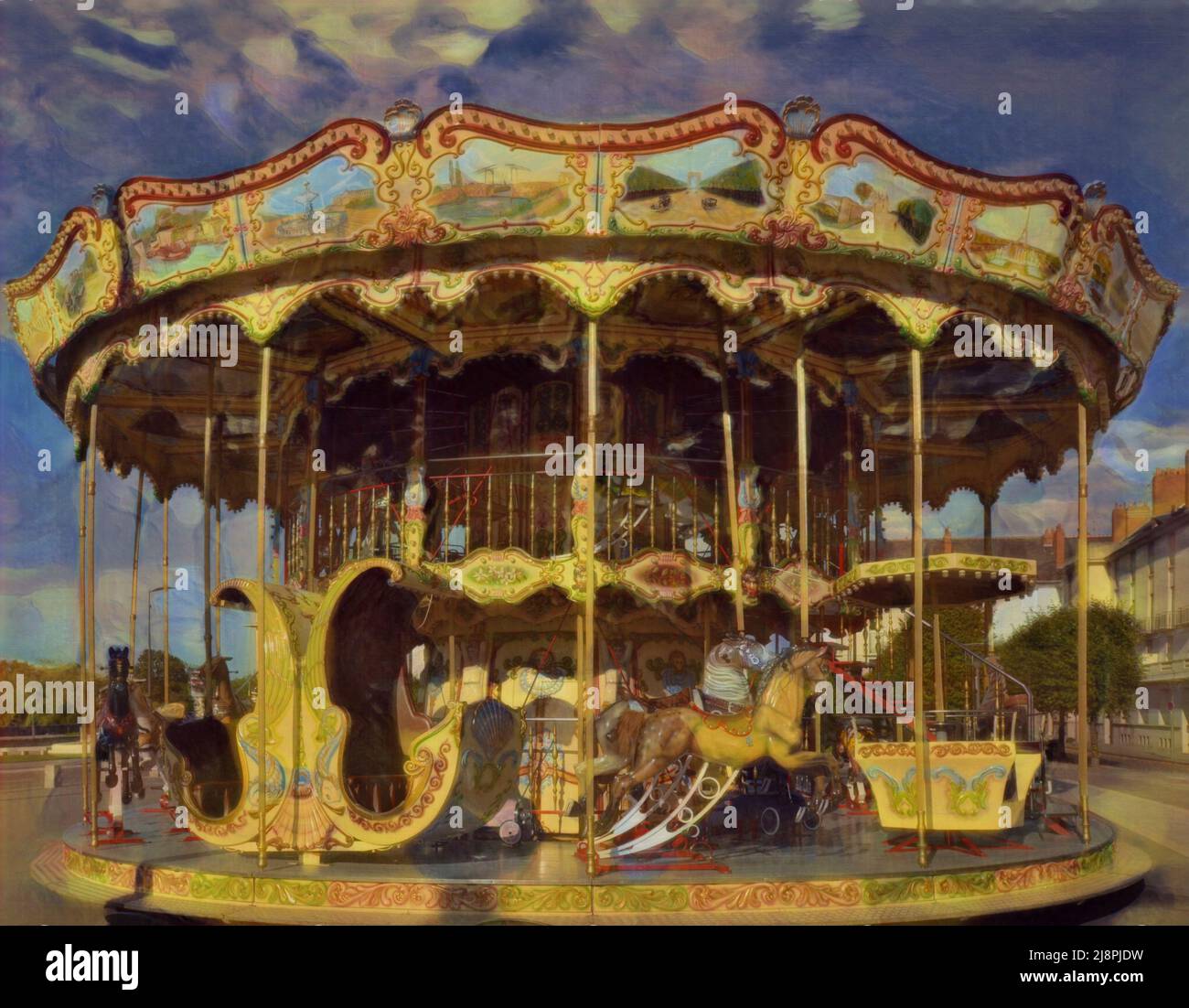 Brightly colored carousel, edited to look like a painting or drawing ...