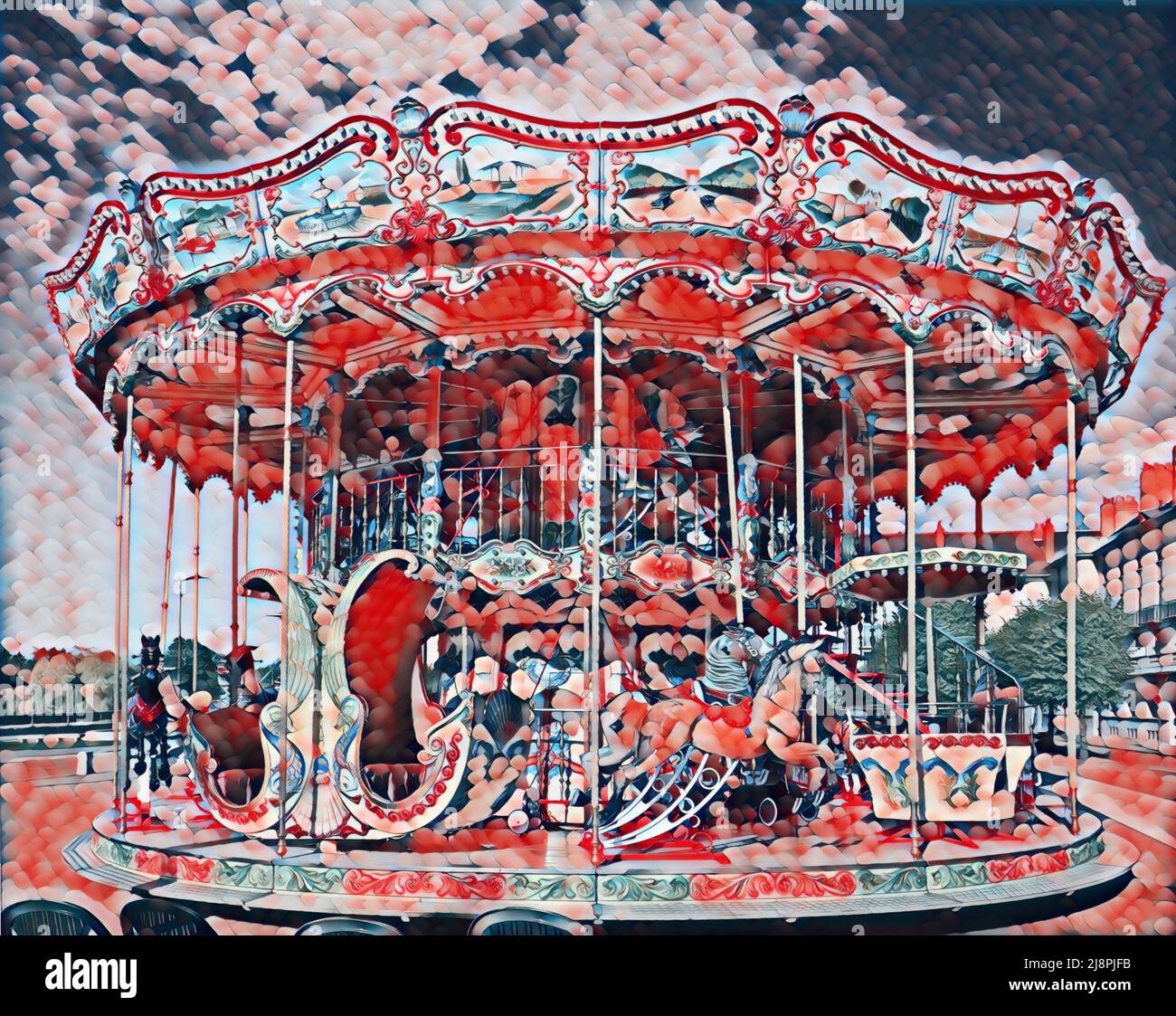 Brightly colored carousel, edited to look like a painting or drawing ...