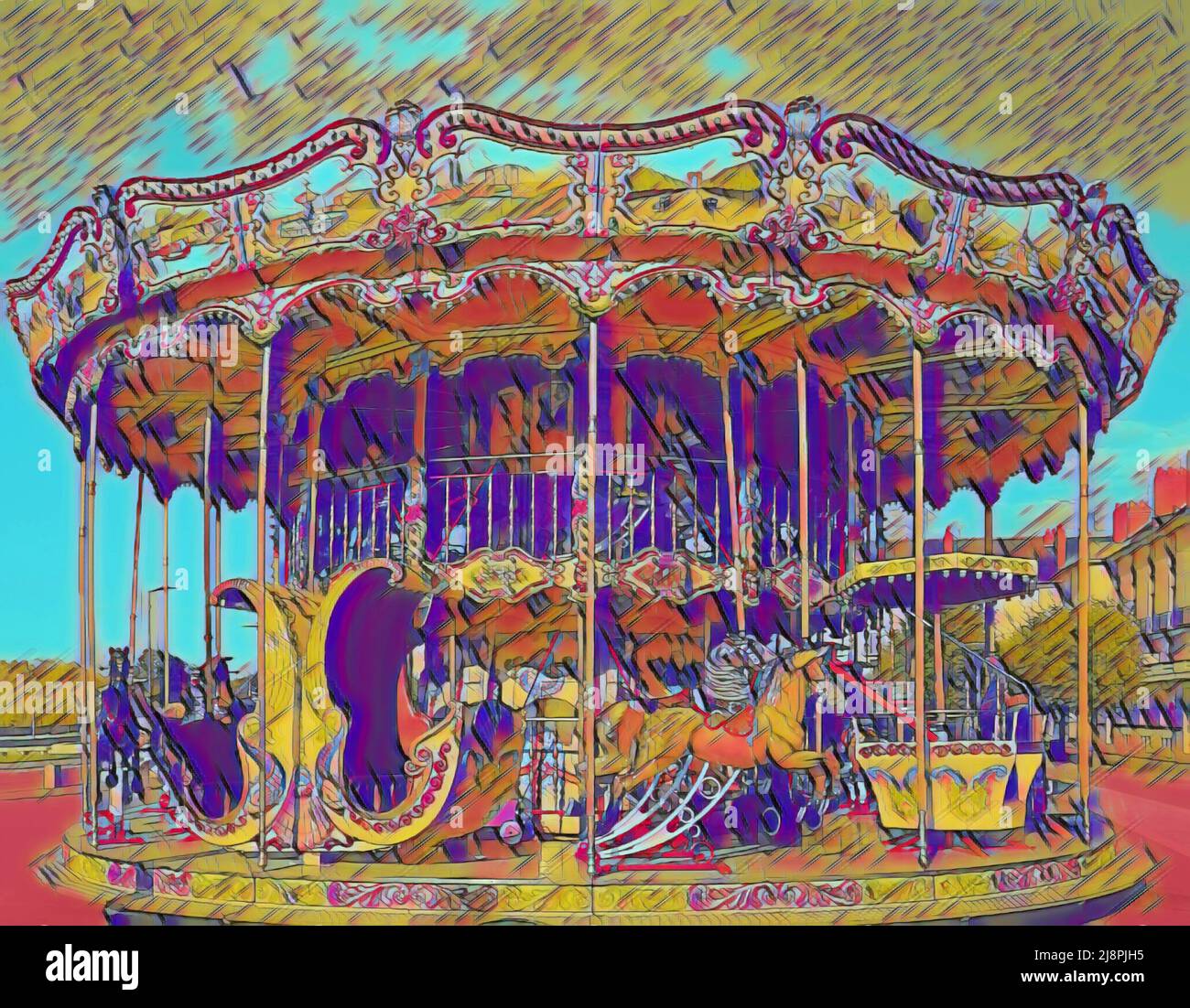 Brightly colored carousel, edited to look like a painting or drawing ...