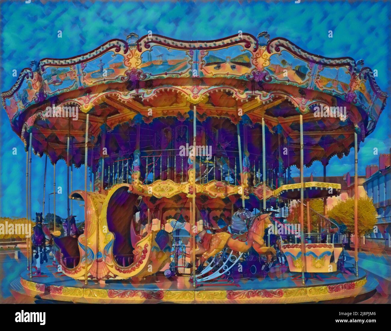 Brightly colored carousel, edited to look like a painting or drawing ...