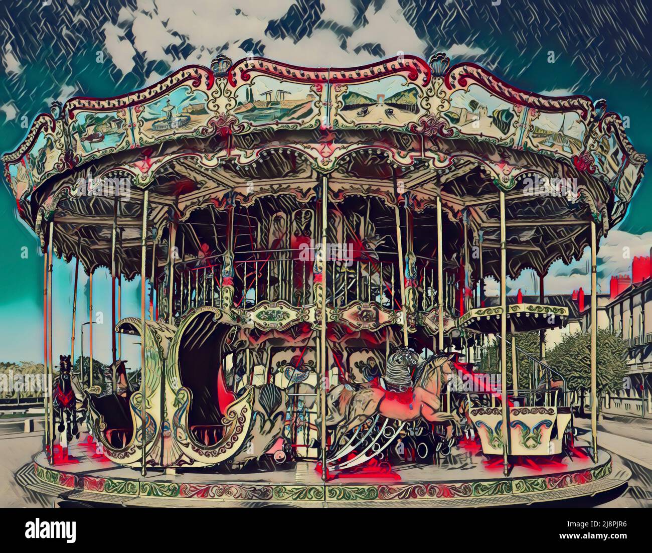 Brightly colored carousel, edited to look like a painting or drawing ...