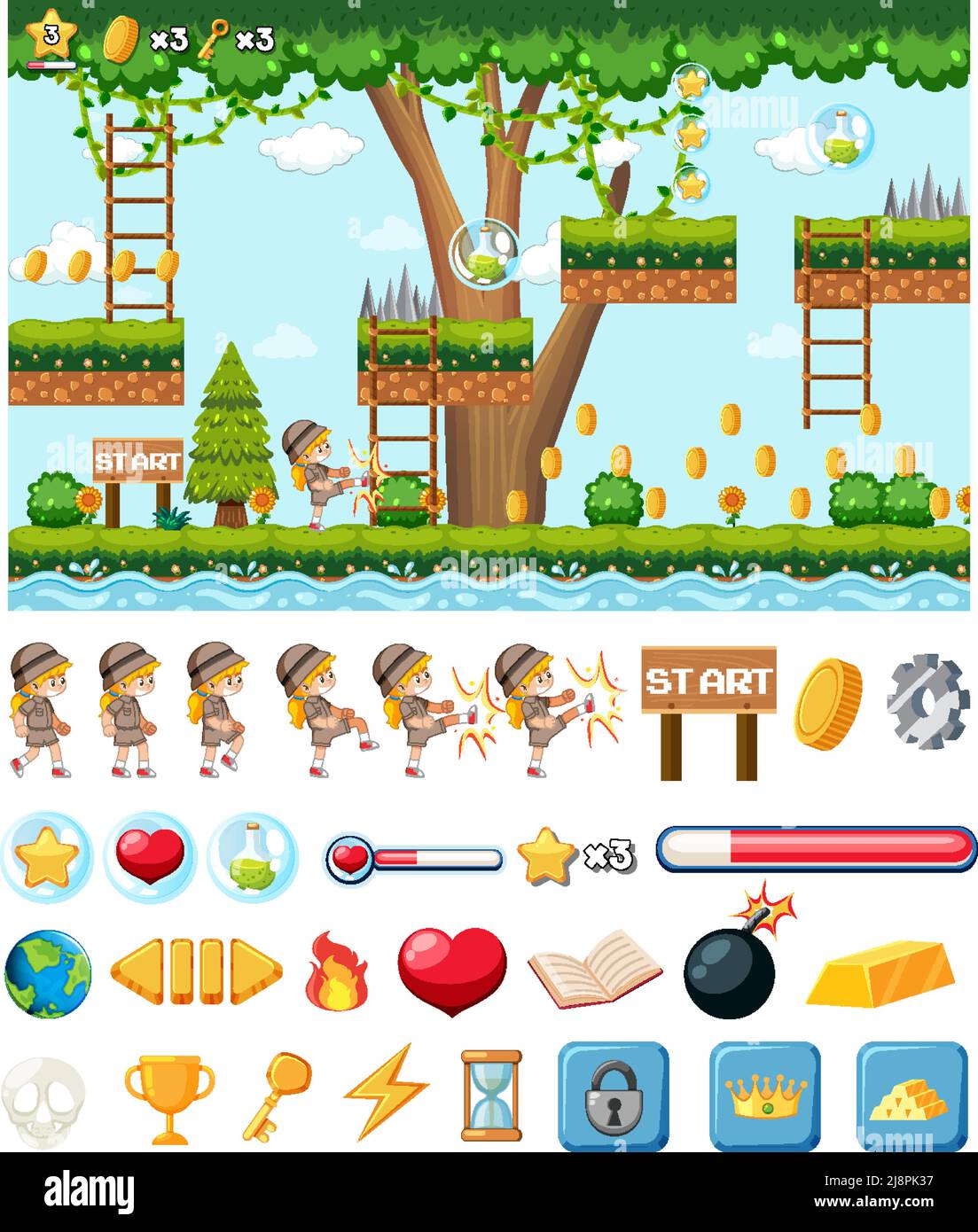 Platform game interface design with icons isolated illustration Stock ...