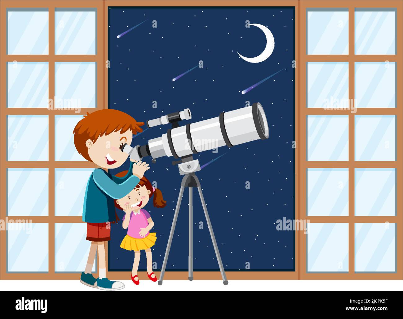 Kids observe night sky with telescope illustration Stock Vector Image ...