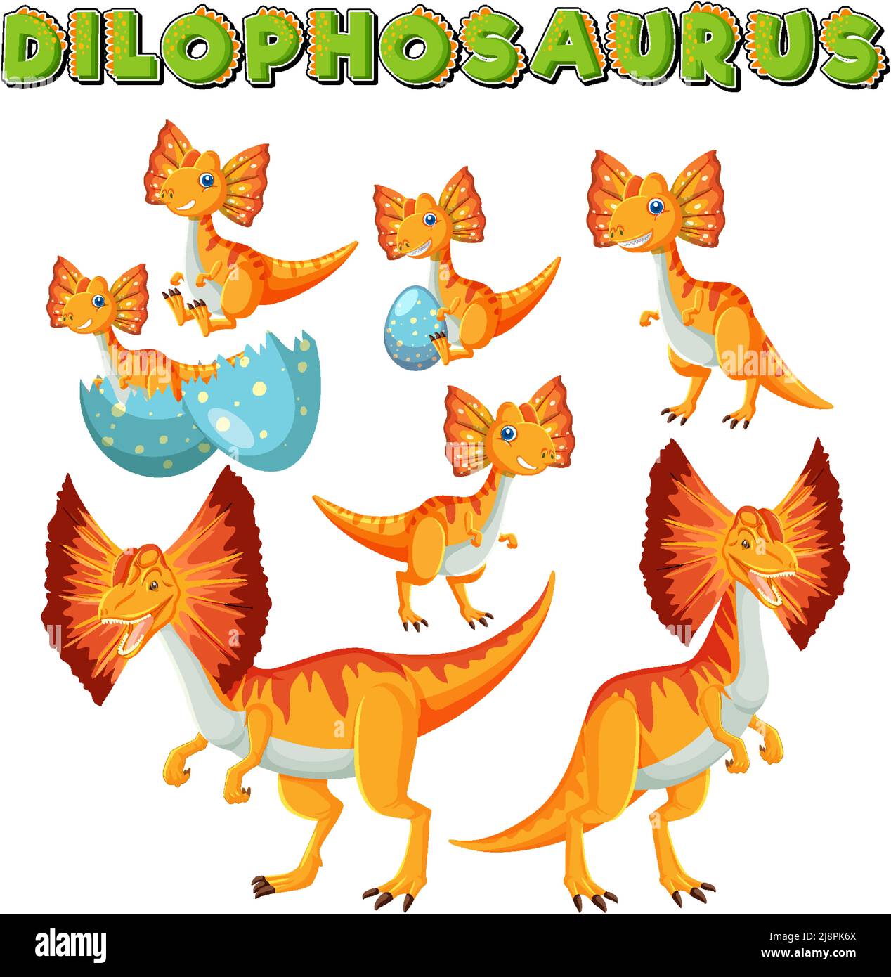 Set of cute dilophosaurus dinosaur cartoon characters illustration ...
