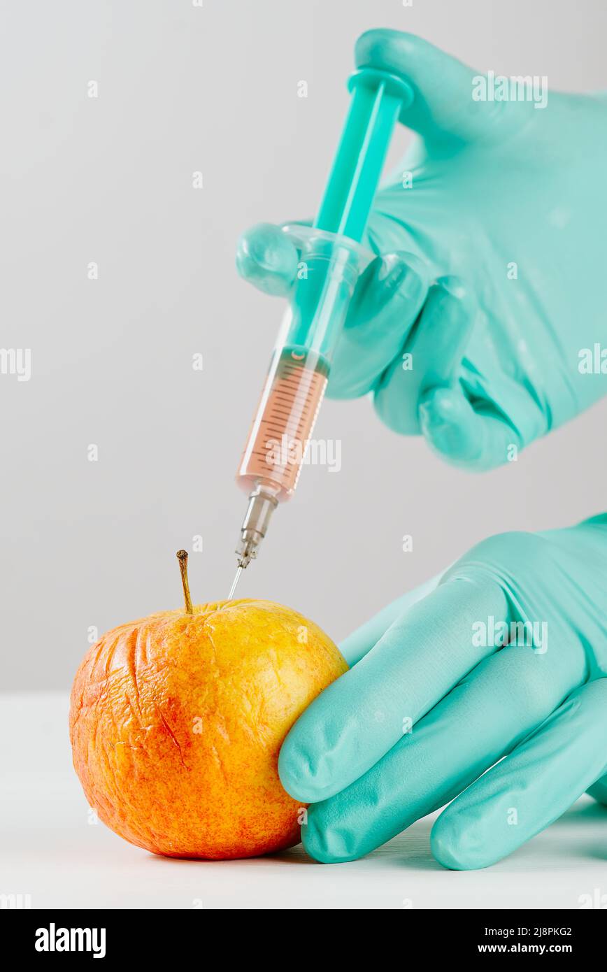 A hand in a medical glove inserts a syringe into apple. Harmful food ...