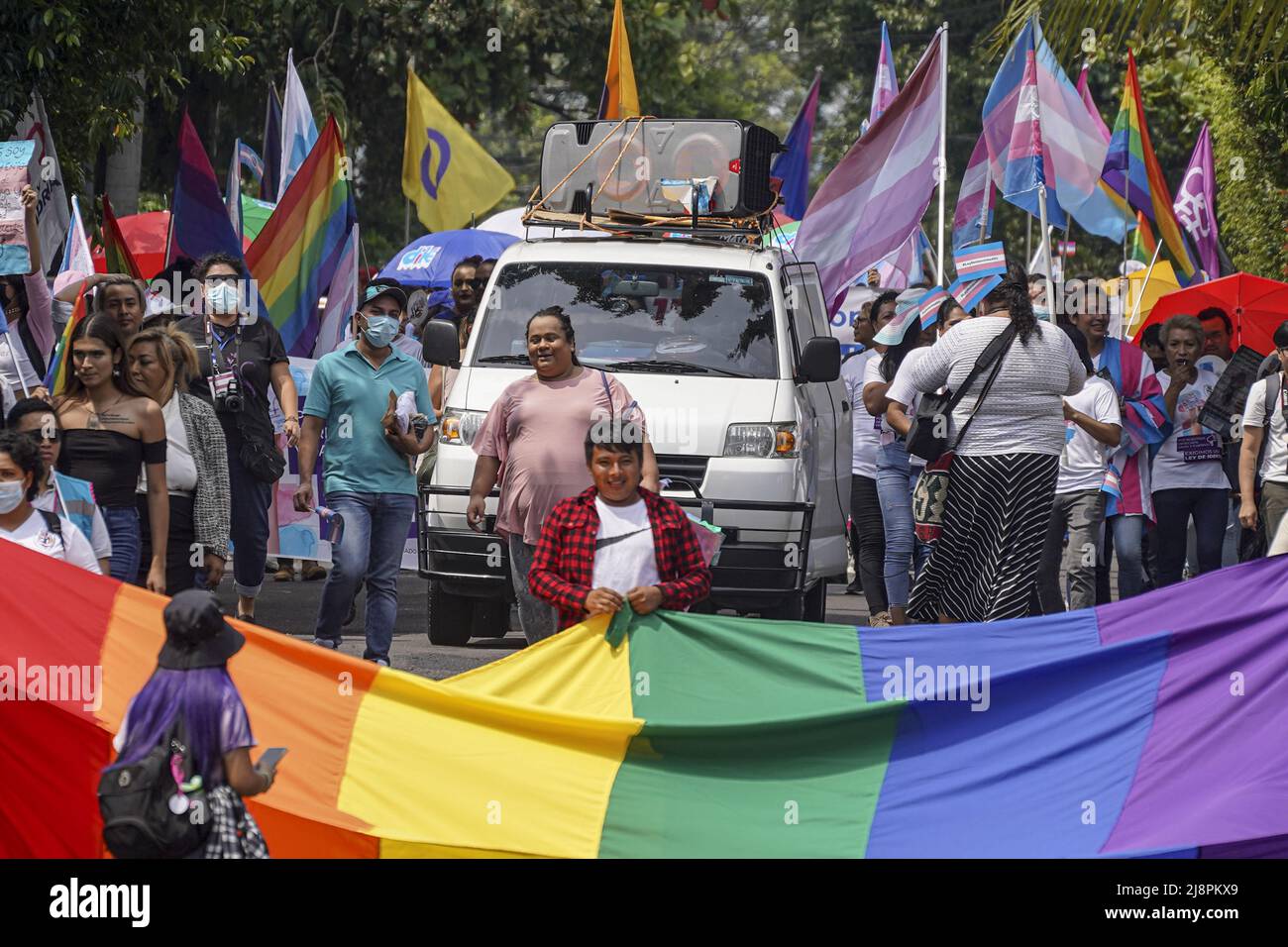 Demonstrators holding transgender pride flags march on the street ...