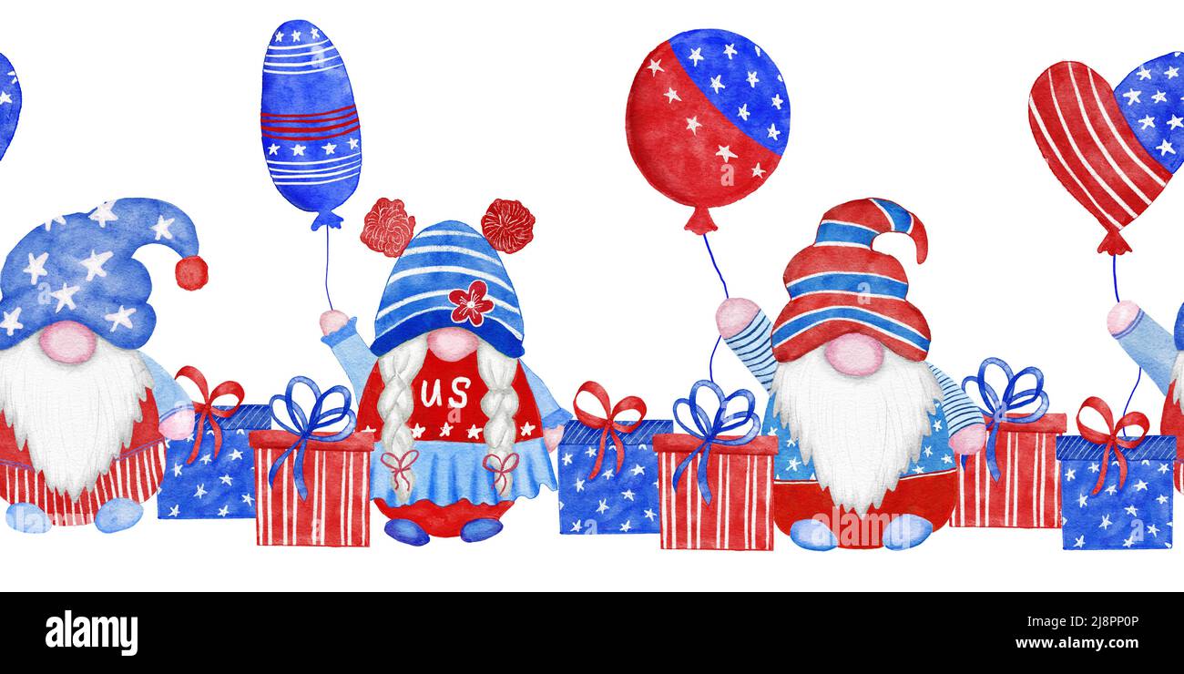 Watercolor seamless hand drawn horizontal border with 4th of July ...
