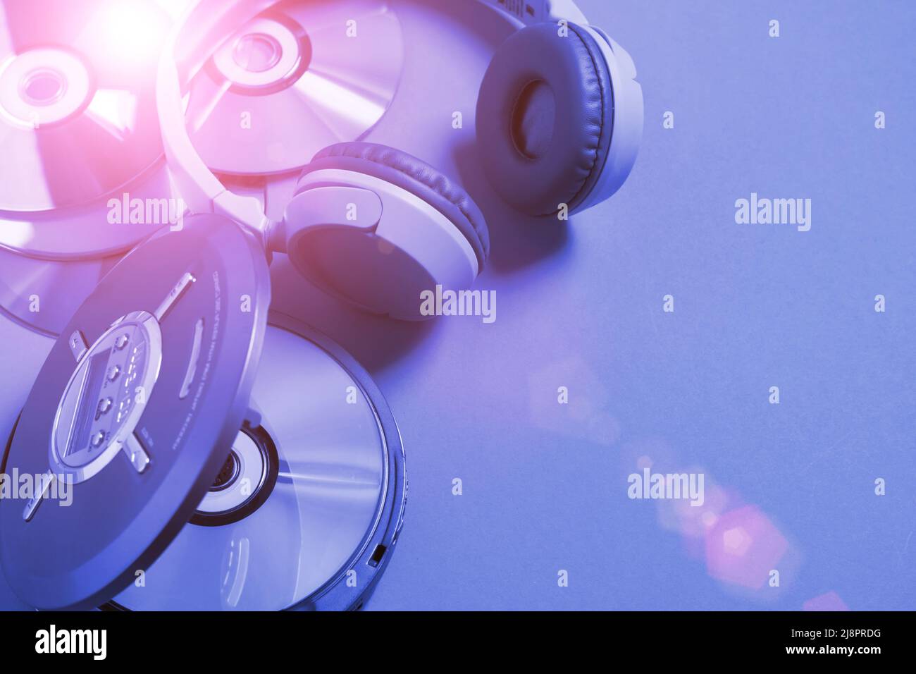 Personal compact portable CD player disks headphones blue neon ...