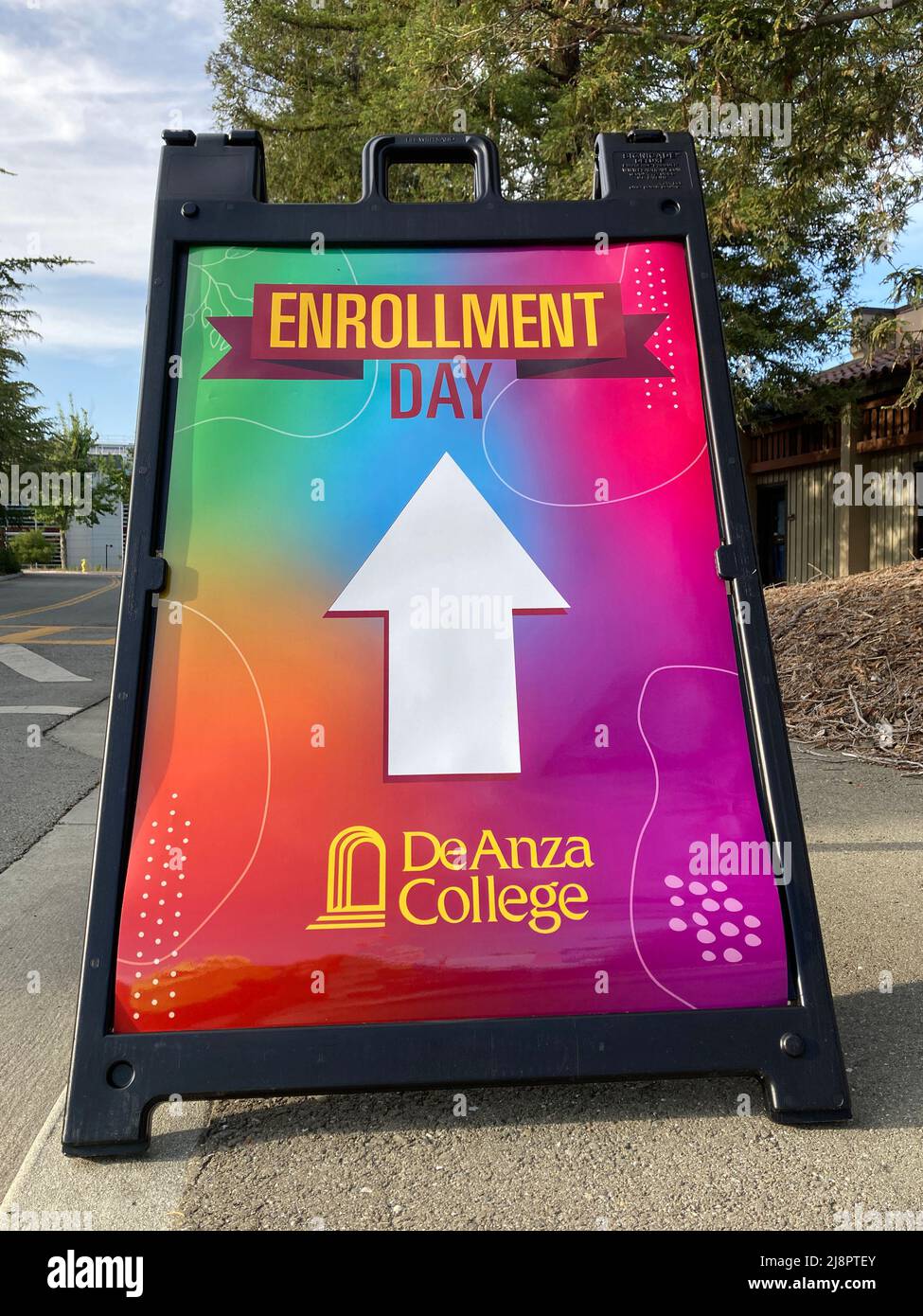 Enrollment Day De Anza College road sign - Cupertino, California, USA ...