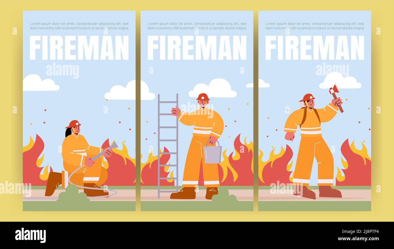 Fireman posters with fire brigade with water hose, ax and ladder ...