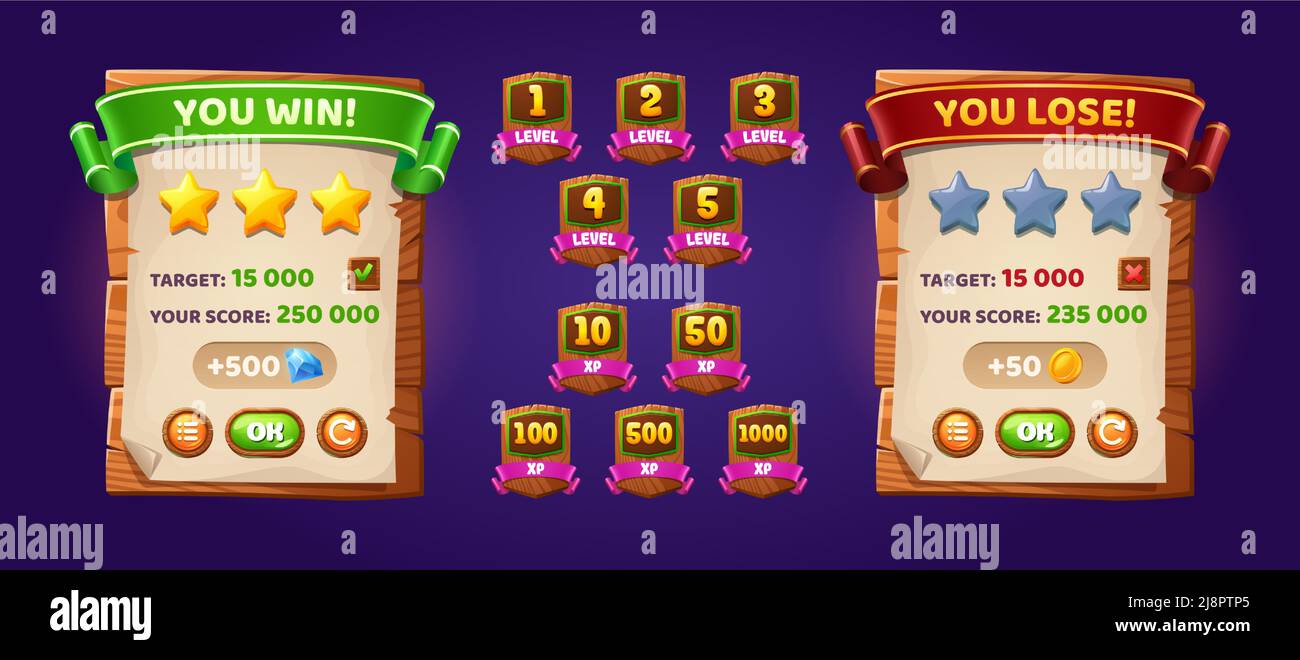 Game ui interface boards of win or lose and badges of level number and ...