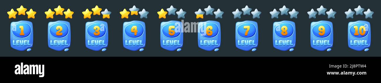 Game level blue badges with gold rating stars isolated on background ...