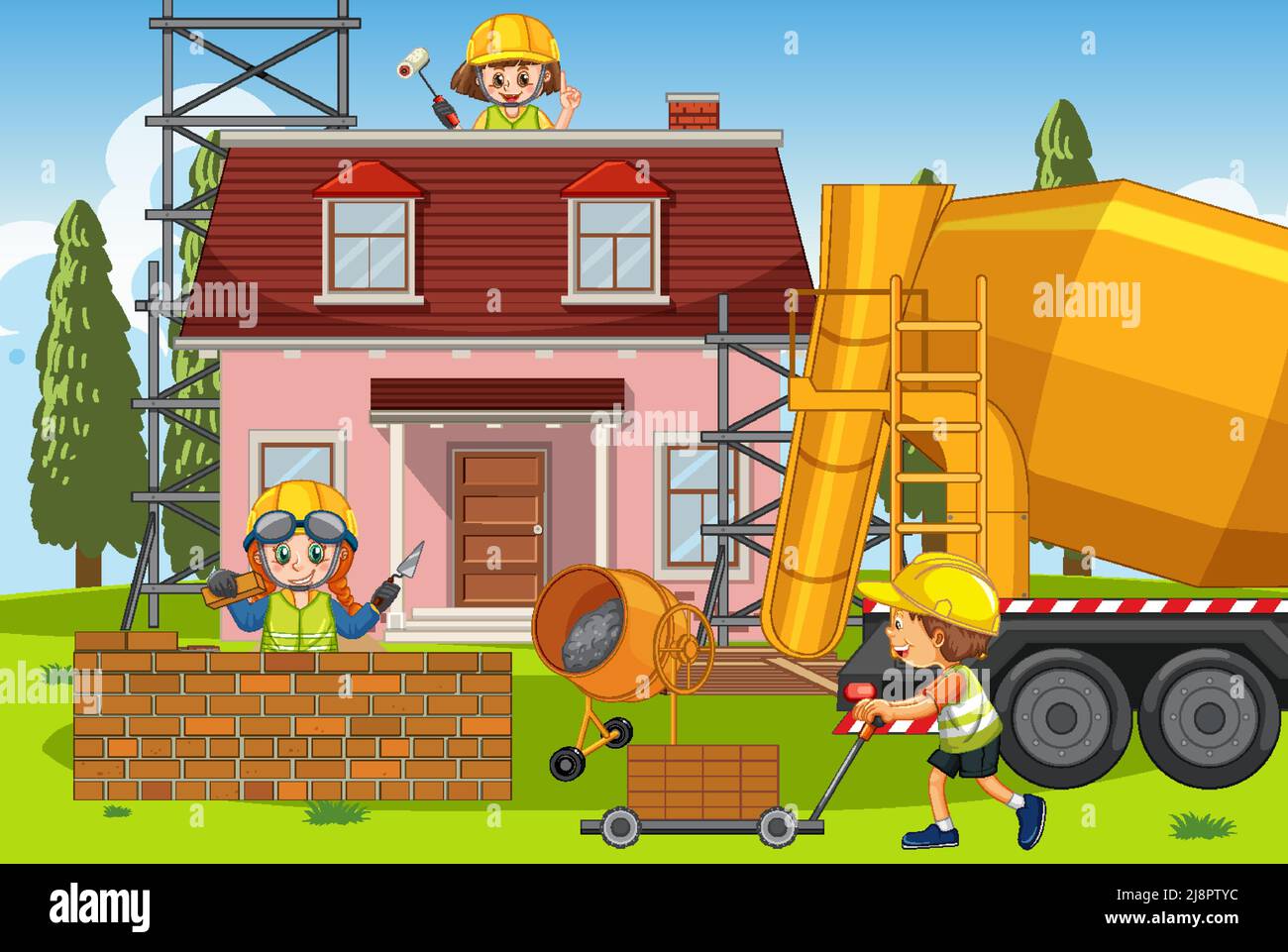 House construction site with workers cartoon illustration Stock Vector ...