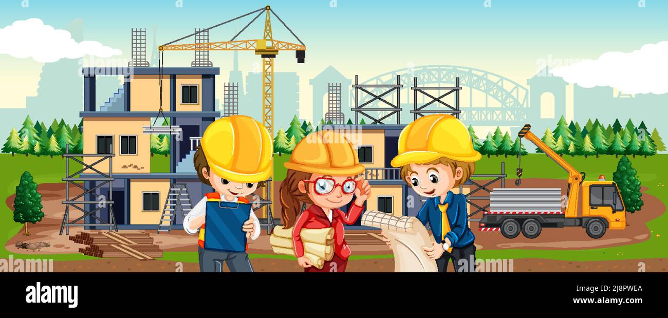Cartoon scene of building construction site illustration Stock Vector ...