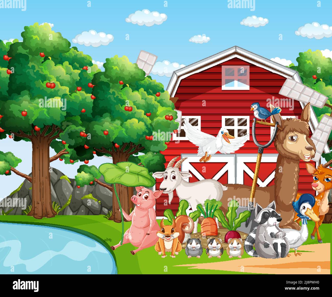 Farm scene with many animals by the barn illustration Stock Vector ...