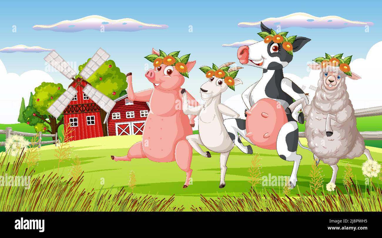 Farm background with happy animals illustration Stock Vector Image ...