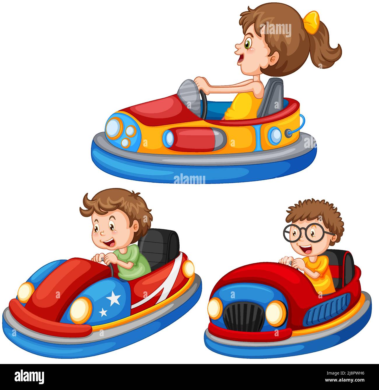 Set of different kids driving bumper cars in cartoon style illustration ...