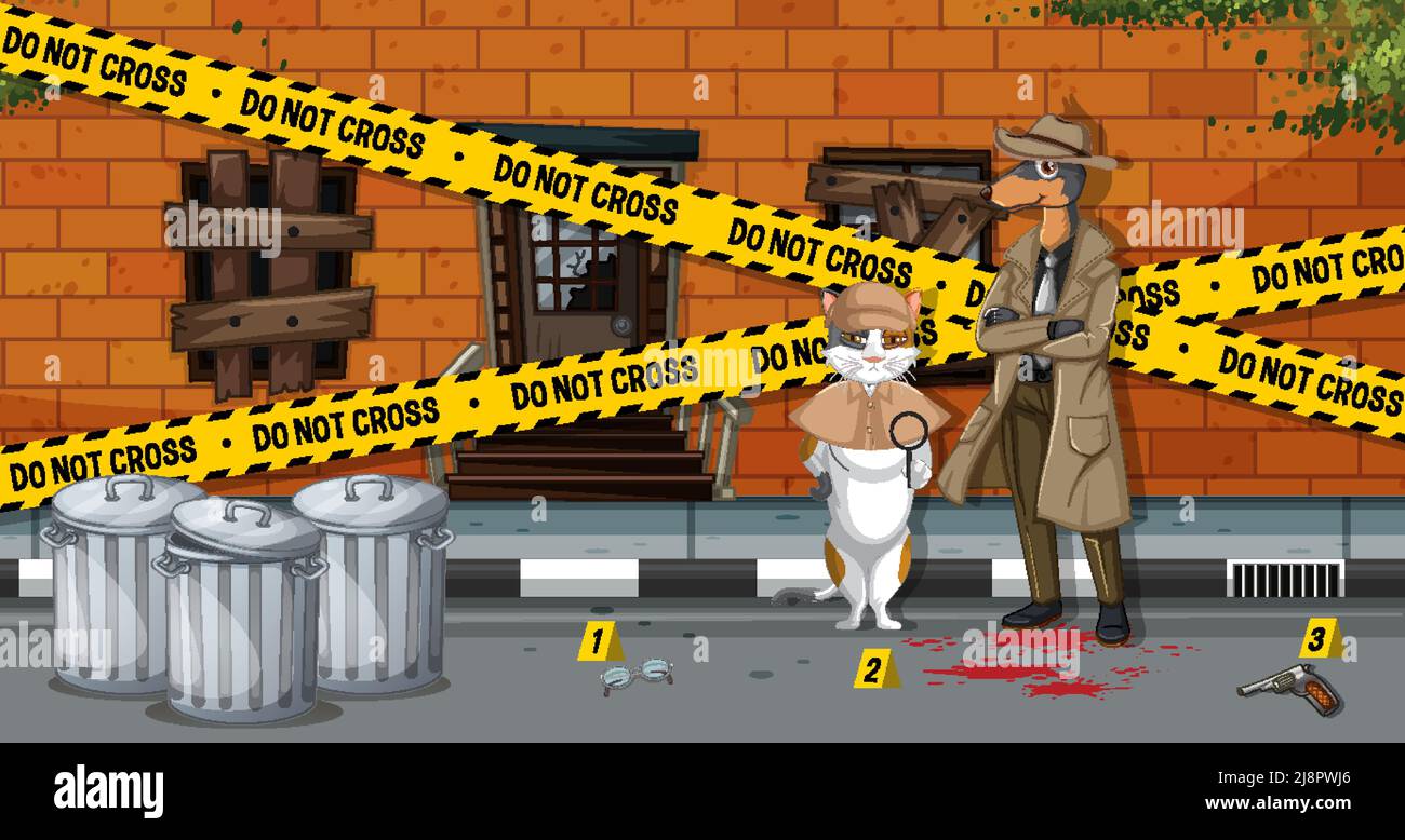 Detective cat and dog looking for clues in template illustration Stock ...