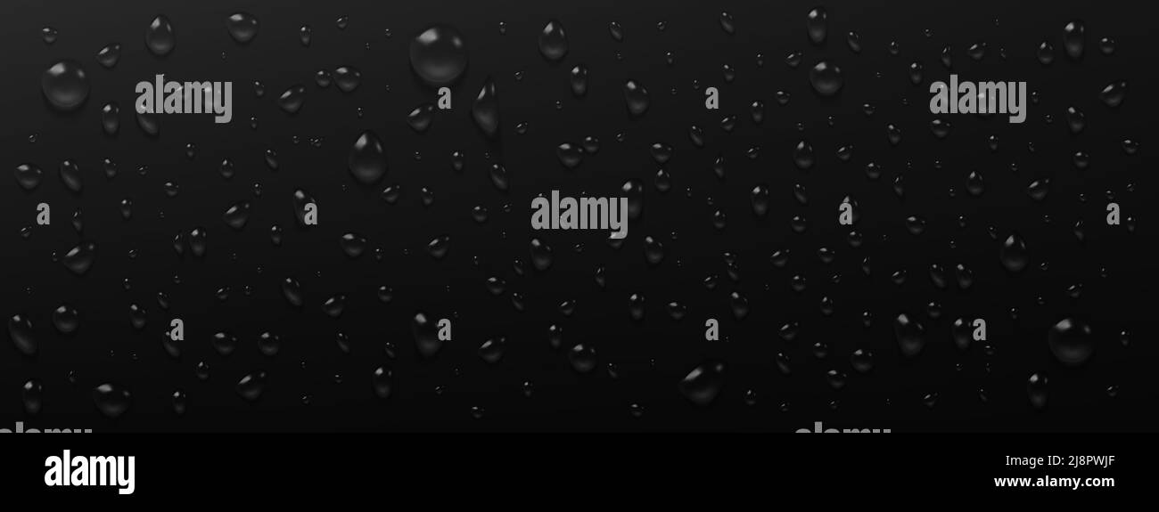 Condensation water drops on black background. Rain droplets with light ...